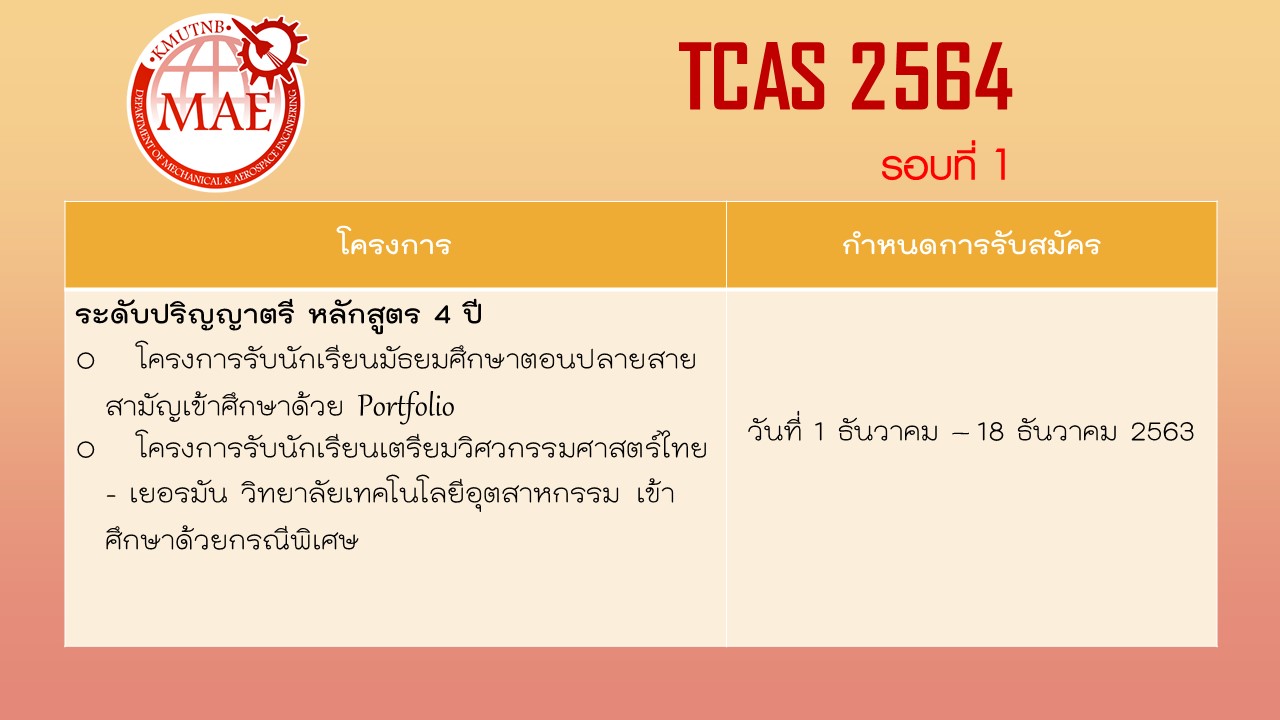 เปิดรับสมัครนักศึกษาใหม่ ประจำปีการศึกษา 2564 TCAS 64 รอบที่ 1 – Mechanical and Aerospace ...